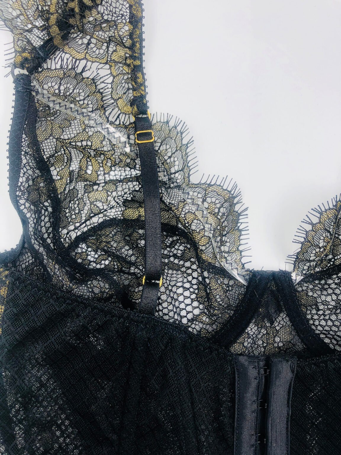 Black and Gold Lace lingerie bra in black and gold Chantilly lace